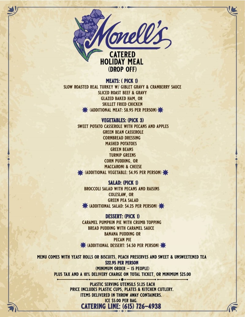 Nashville Holiday Catering, Monells Drop Off Christmas Catering